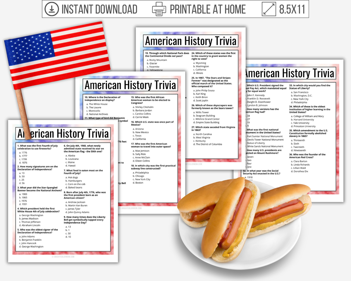 Fourth of July American History Trivia Game Printable – Bright Color ...