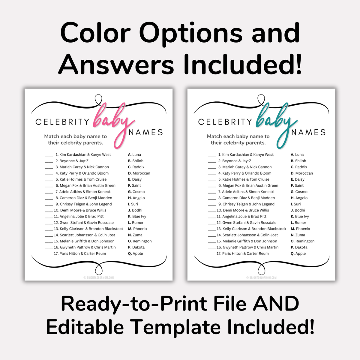 Celebrity Baby Names Baby Shower Game – Bright Color Mom Shop