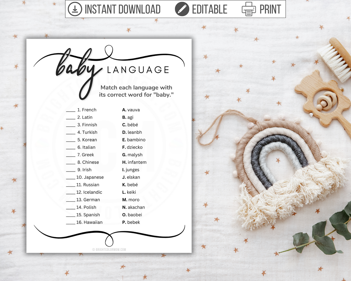 Baby Language Printable Baby Shower Game – Bright Color Mom Shop