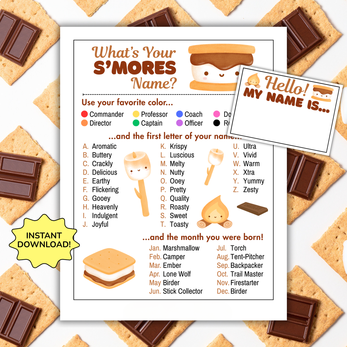 What's Your S'Mores Name? Printable Game with Name Tags – Bright Color ...