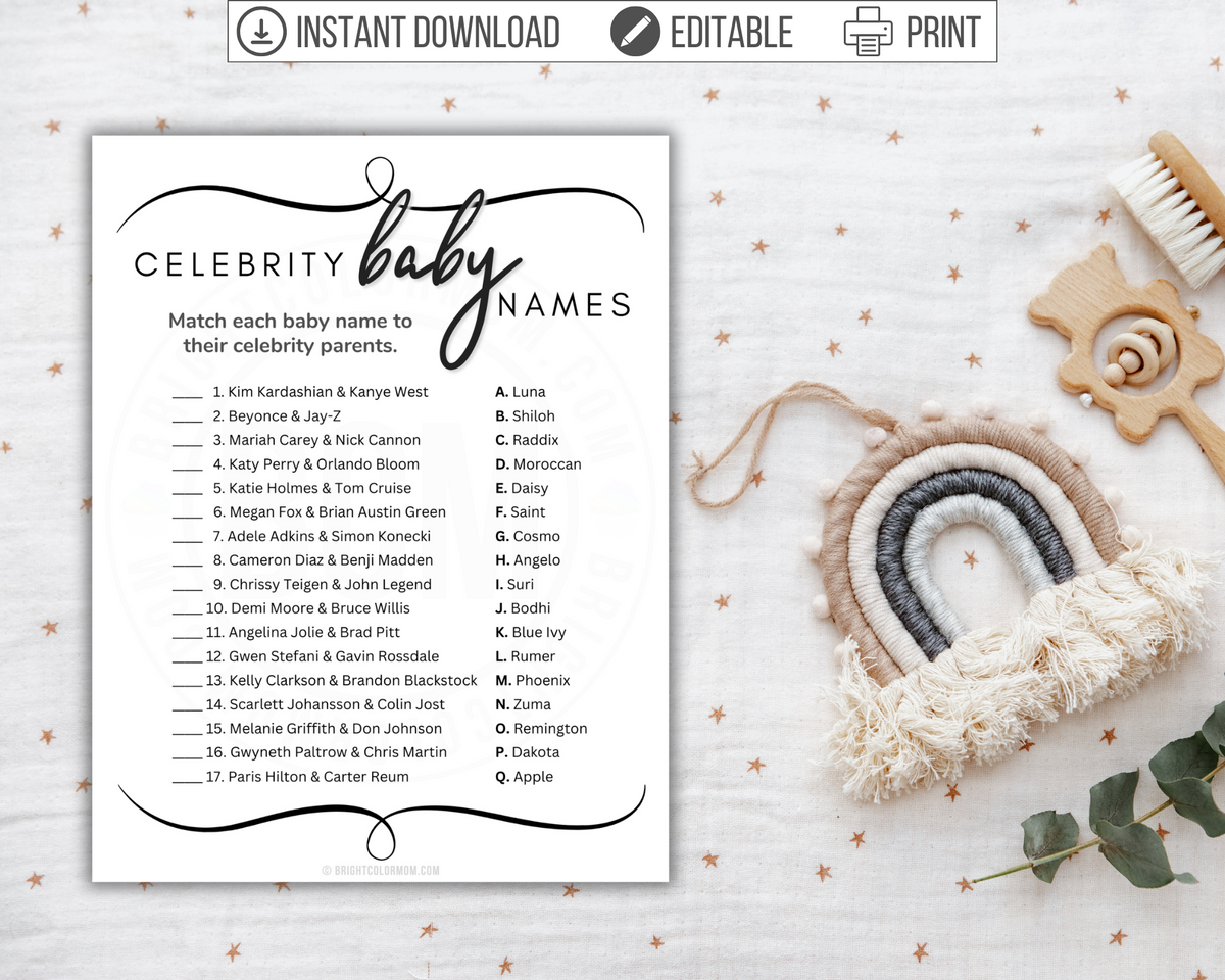 Celebrity Baby Names Printable Baby Shower Game – Bright Color Mom Shop