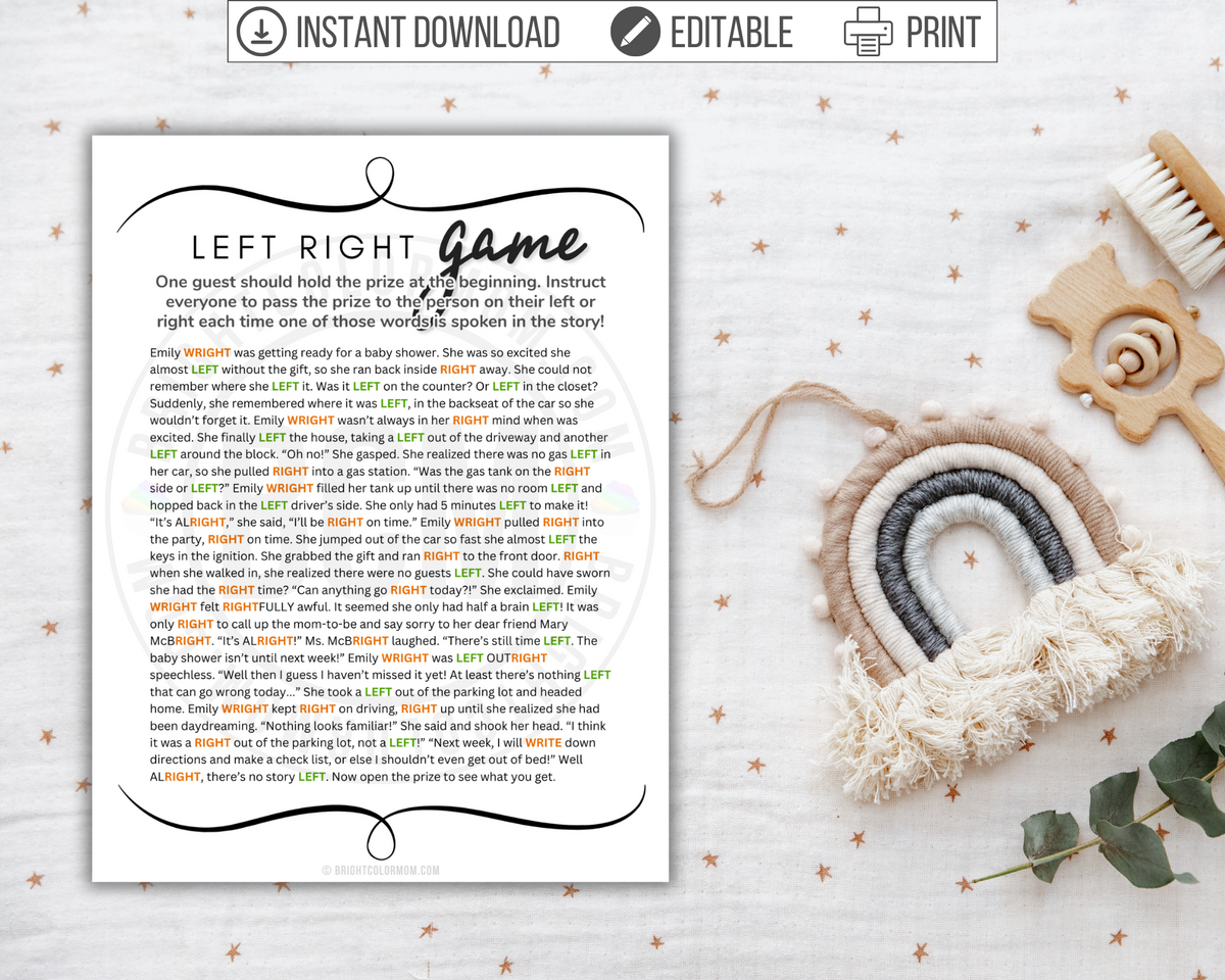 Left Right Printable Baby Shower Game – Bright Color Mom Shop