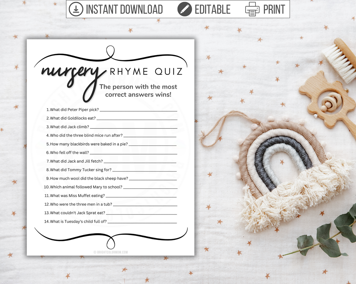 Nursery Rhyme Quiz Printable Baby Shower Game – Bright Color Mom Shop