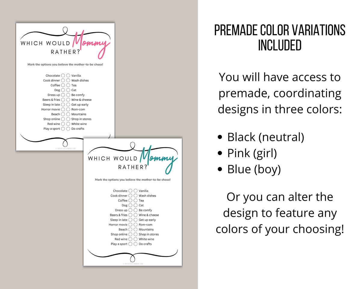 Which Would Mommy Rather? Printable Baby Shower Game – Bright Color Mom ...