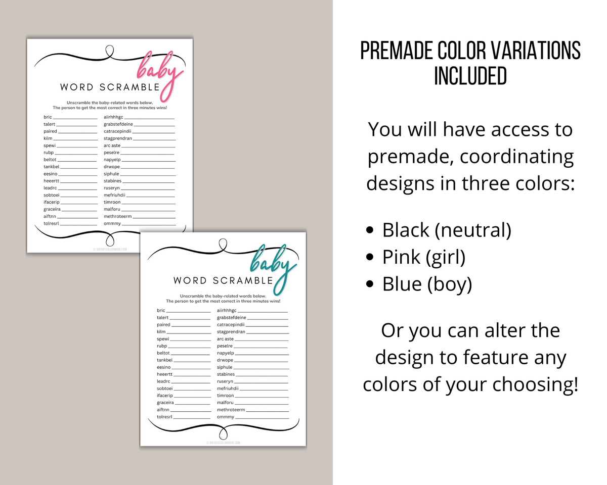 Word Scramble Printable Baby Shower Game – Bright Color Mom Shop
