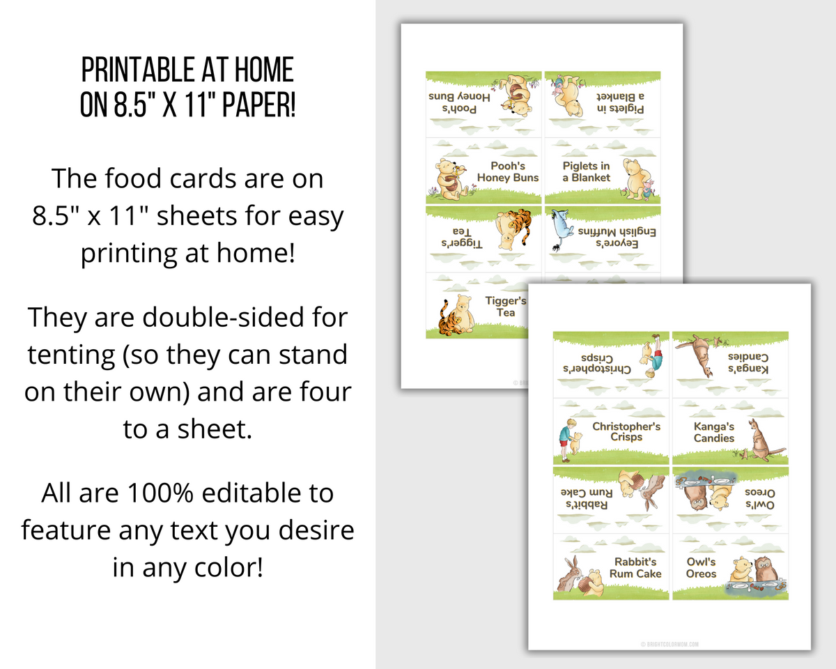 Classic Winnie-the-Pooh Editable Tented Food/Place Cards – Bright Color ...