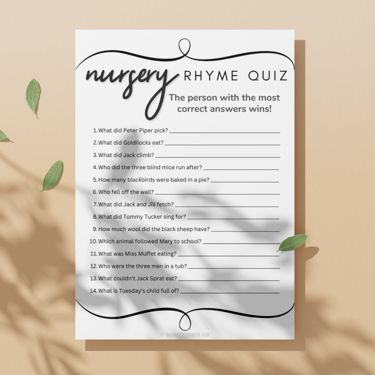 Nursery Rhyme Quiz Baby Shower Game – Bright Color Mom Shop