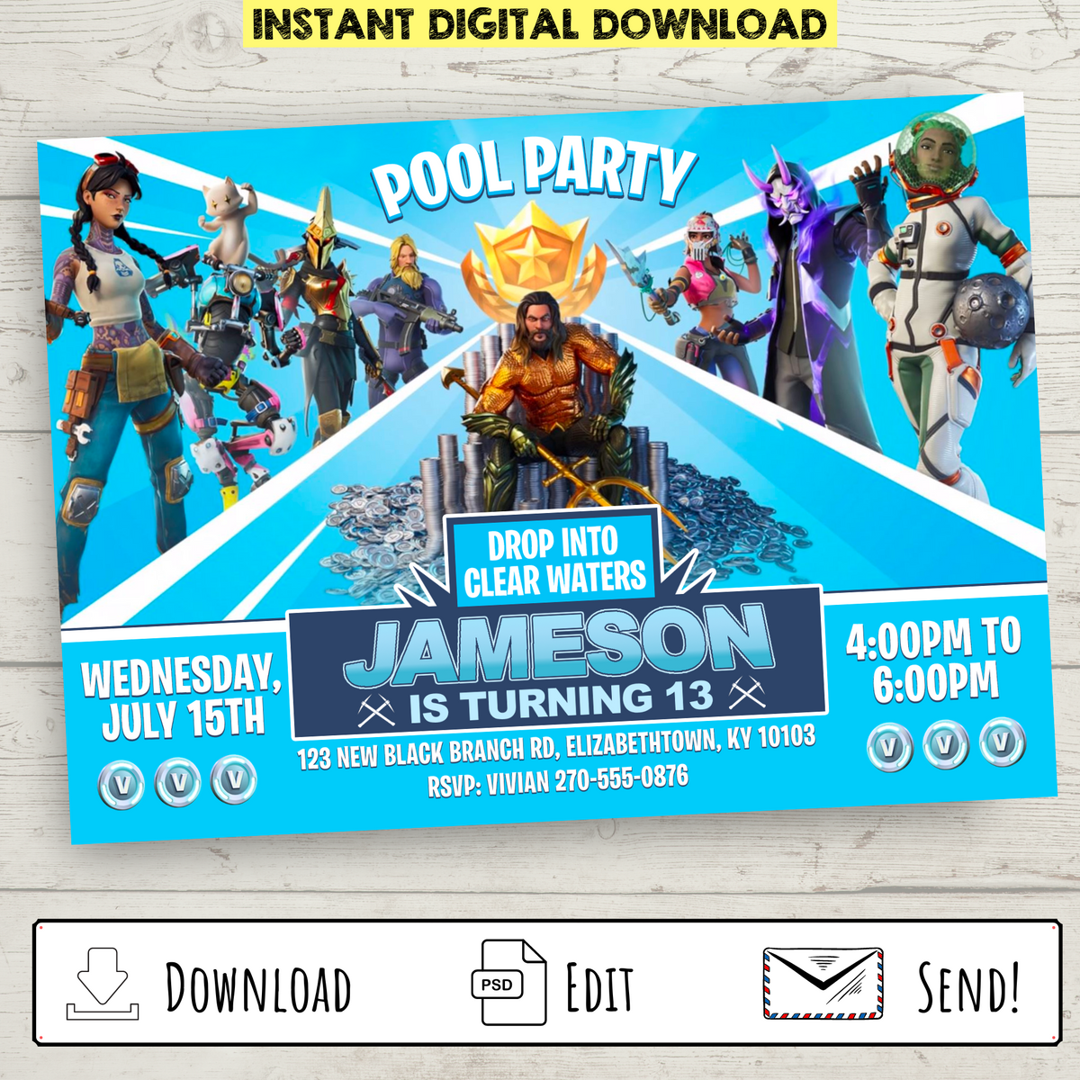 FREE Printable Fortnite Pool Party Invitation – Bright Color Mom Shop