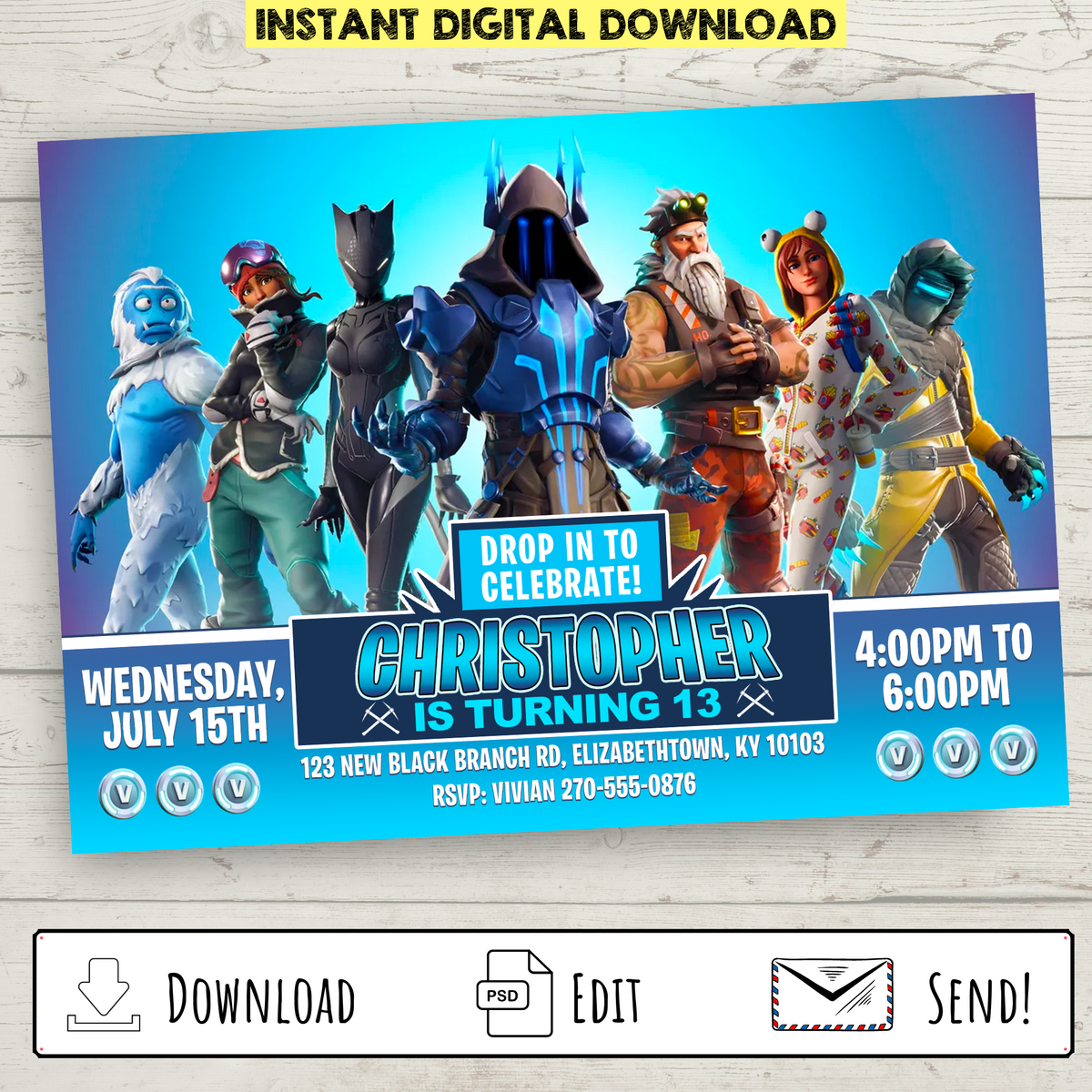 FREE Printable Fortnite Party Invitation (Blue) – Bright Color Mom Shop